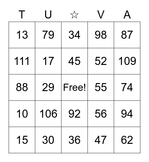 Number Bingo 1-100 Bingo Card