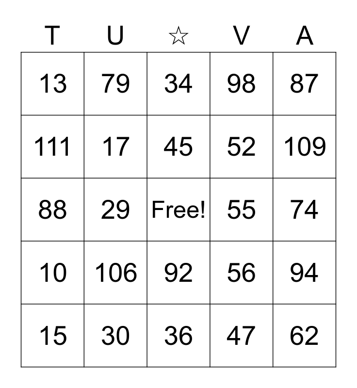 Number Bingo 1-100 Bingo Card