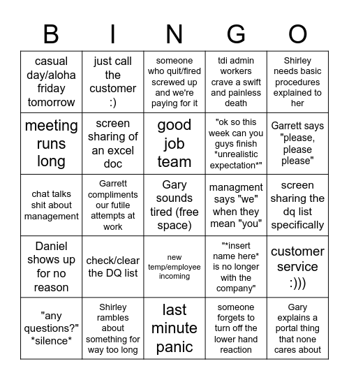 TDI Admin Meeting Bingo Card