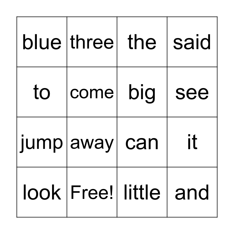 Dolch Preprimer List B Bingo Card