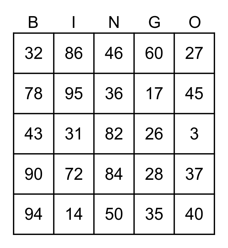 Les nombres 1 à 100 Bingo Card