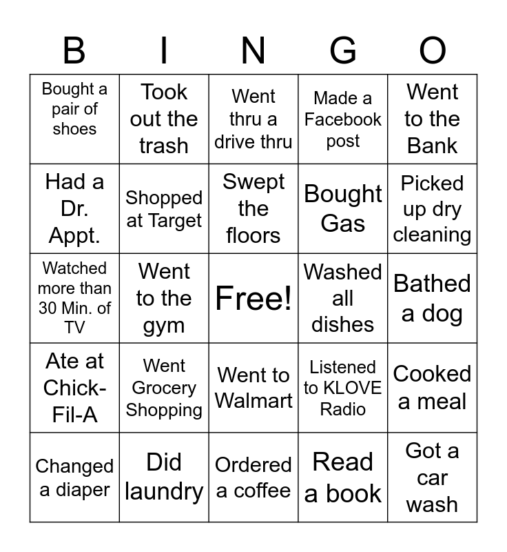 Daily Task Bingo Card