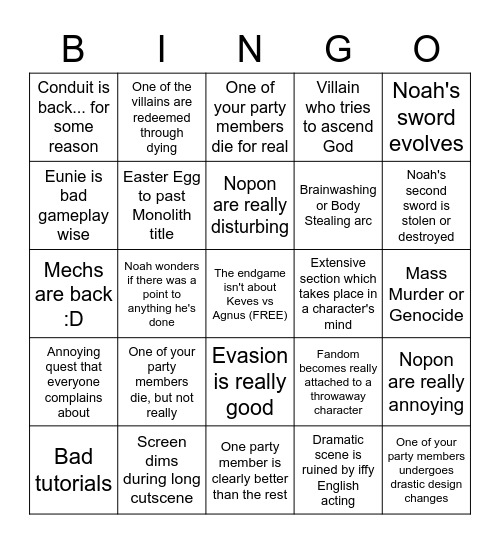 Xenoblade 3 Bingo Card