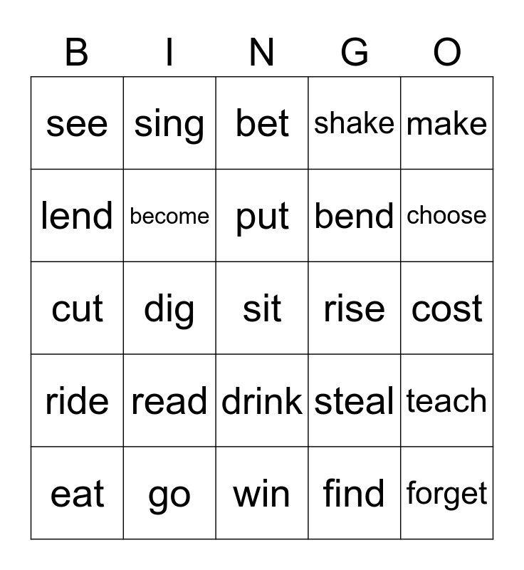 Irregular verbs (past tense) Bingo Card
