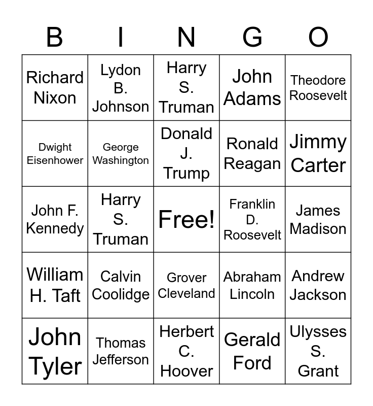 Presidents of the U.S. Bingo Card