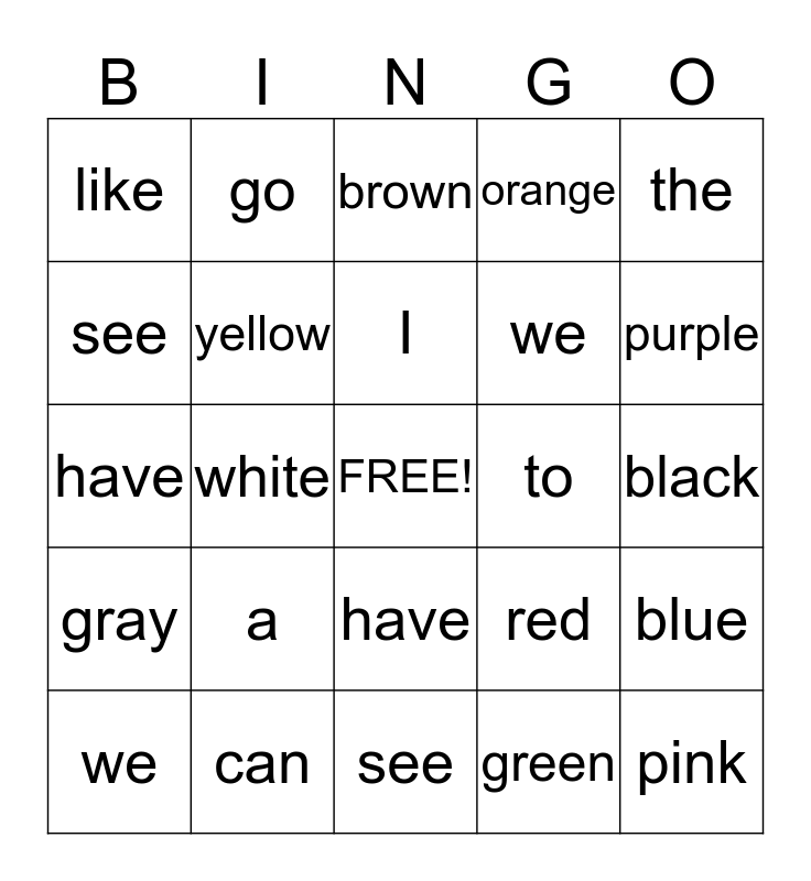 Sightword Bingo Card