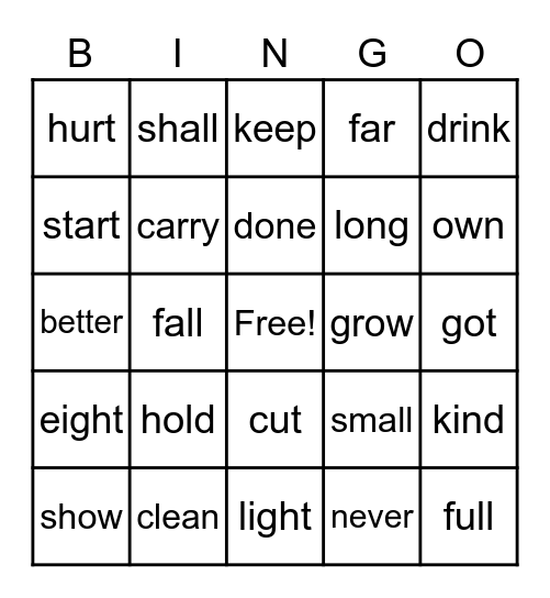 Dolche Noun Words Bingo Card