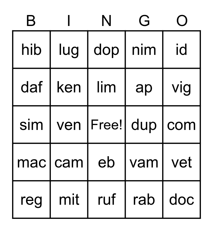 Nonsense Word Bingo Card