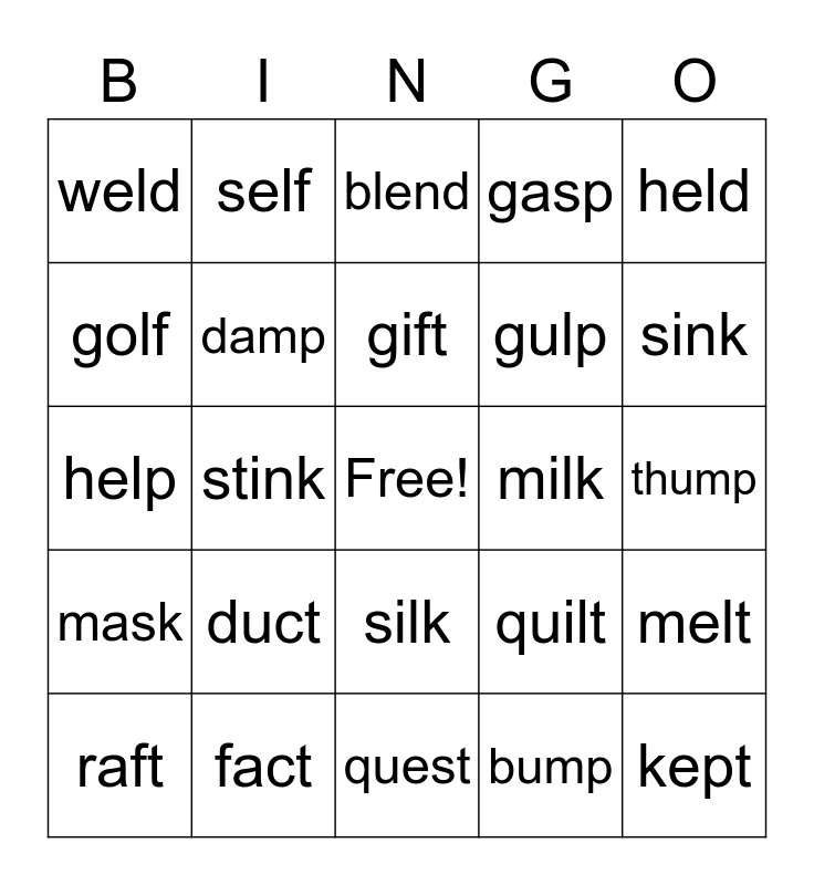"Final Consonant Blends" Bingo Card