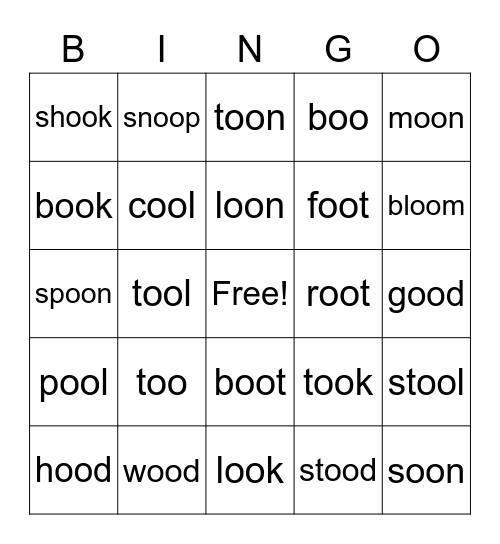 OO Vowel Sounds Bingo Card