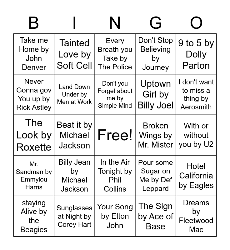 Song Identification Station Bingo Card