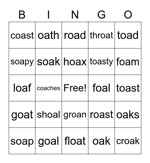 oa vowel team Bingo Card