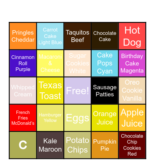 Desserts Bingo Card