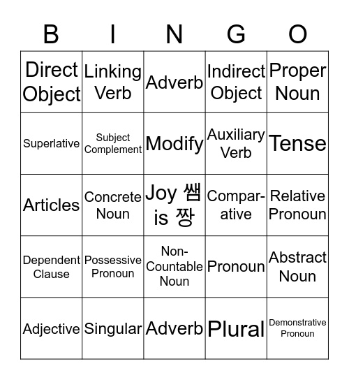 GRAMMAR BINGO Card