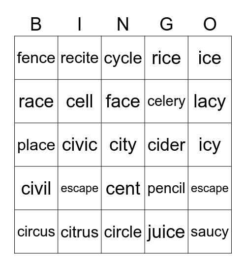 Soft "C" Bingo Card