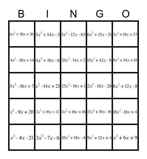 Multiplying Binomials Bingo Card
