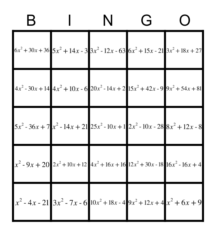 Multiplying Binomials Bingo Card