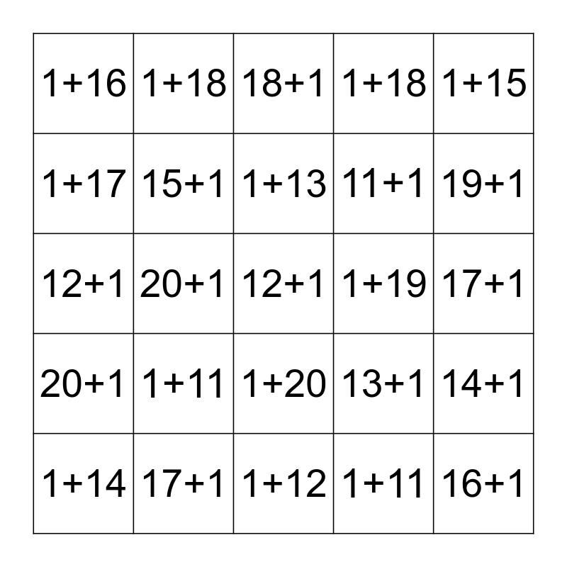 Plus One Fluency 11-20 Bingo Card