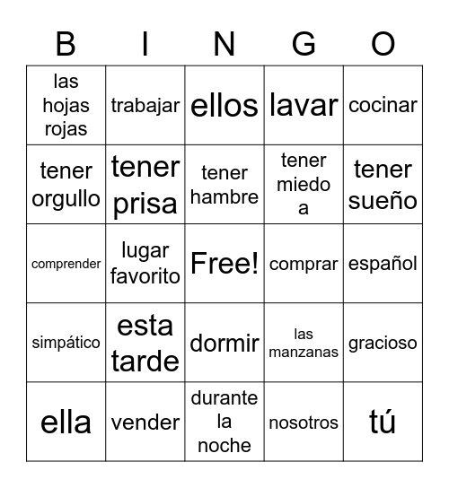 Spanish II Tener and verb reivew Bingo Card