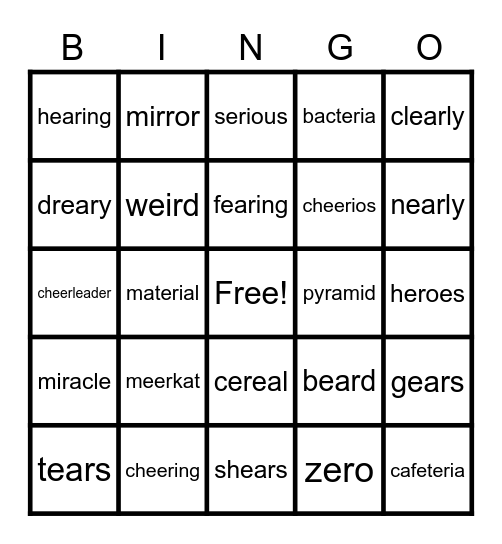 Middle "Ear" Words Bingo Card