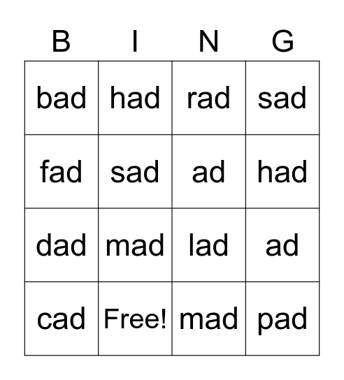 -ad Word Family Bingo Card