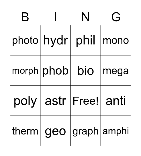 Greek Root Words Bingo Card