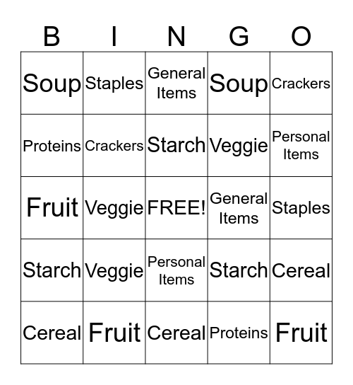 Food Pantry Bingo Card