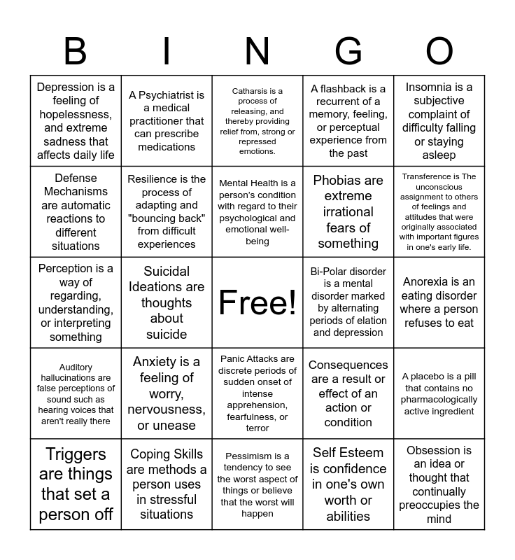 Mental Health Bingo Card