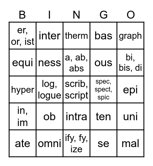 Prefixes, Suffixes, Roots Bingo Card