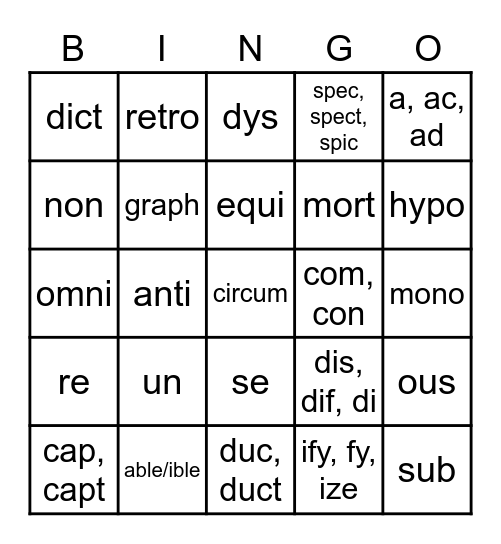 Roots, Prefixes, Suffixes Bingo Card