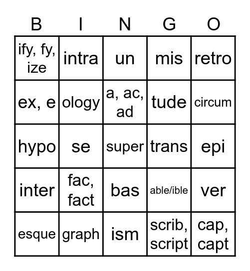 Prefixes, Roots, Suffixes Bingo Card