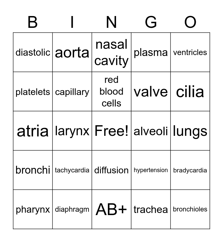 Circulatory & Respiratory System Review Bingo Card
