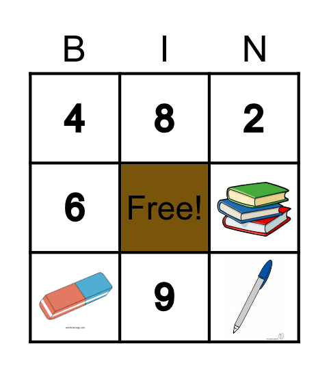 colours number and school objects Bingo Card