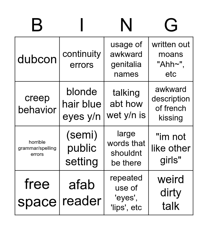 lemon fanfic bingo Card