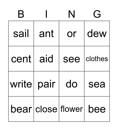 Homonym Bingo Card