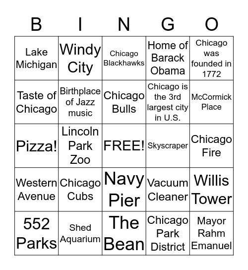 Chicago-"My Kind Of Town" Bingo Card
