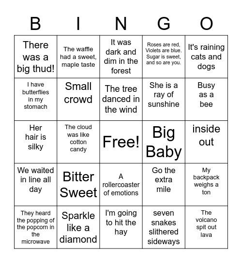 Oxymoron Idiom Imagery Rhyme Scheme Bingo Card