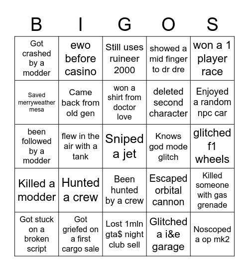 GTA bingo by Dylan Bingo Card