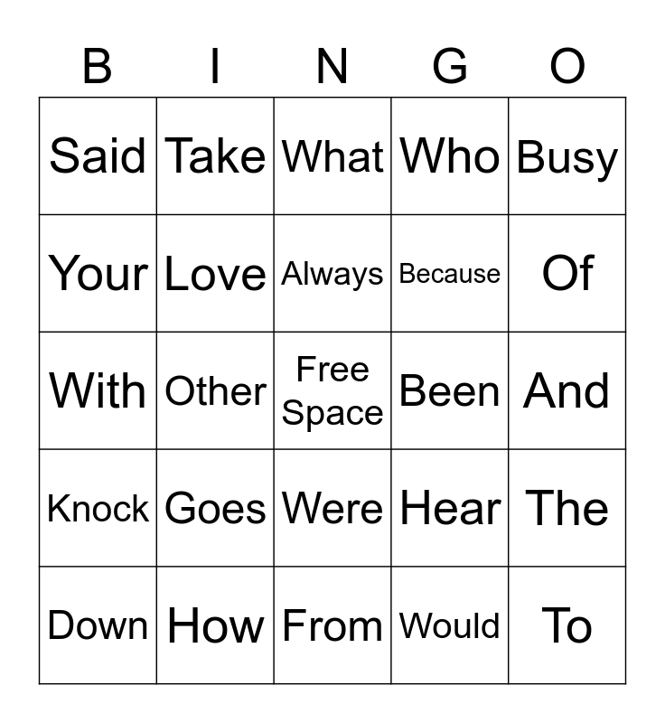 Red Word Bingo Card