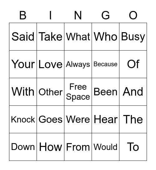 Red Word Bingo Card