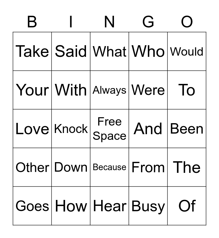 Red Word Bingo Card