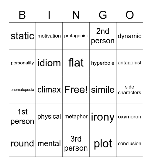 creative writing review! Bingo Card