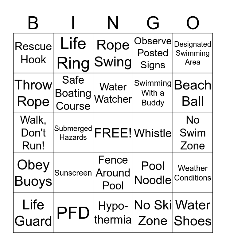 WATER SAFETY BINGO Card