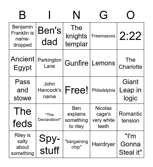 National Treasure Bingo Card