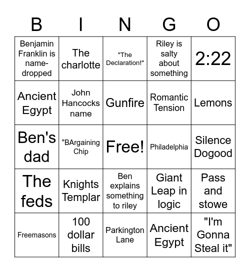 National Treasure Bingo Card