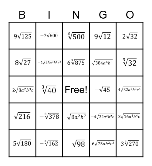 RADICAL MATH! Bingo Card