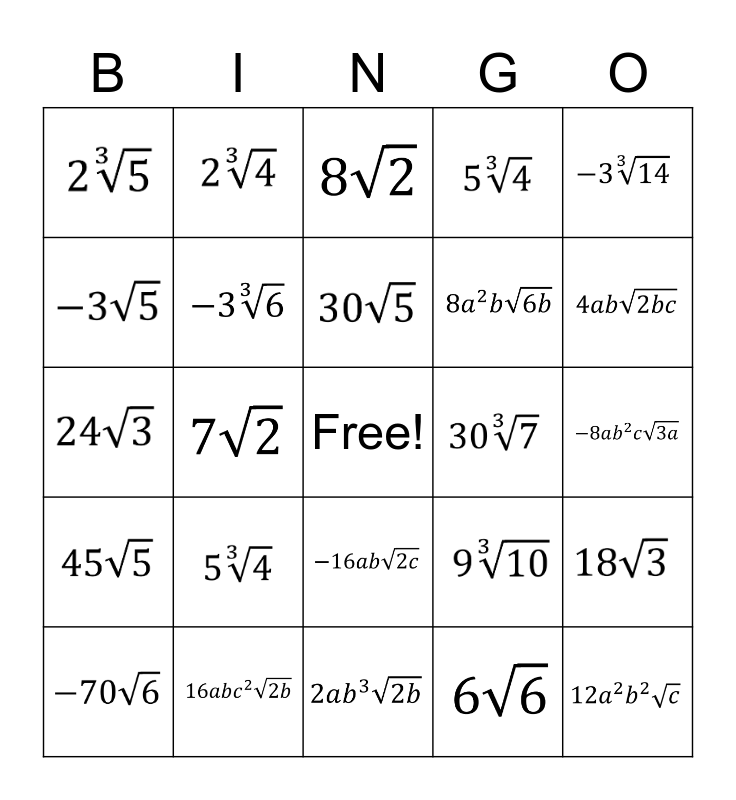 RADICAL MATH Bingo Card