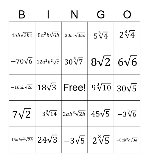 RADICAL MATH Bingo Card