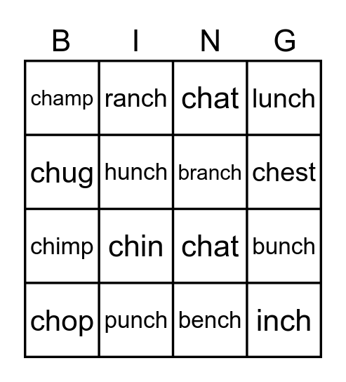 CH WORDS Bingo Card