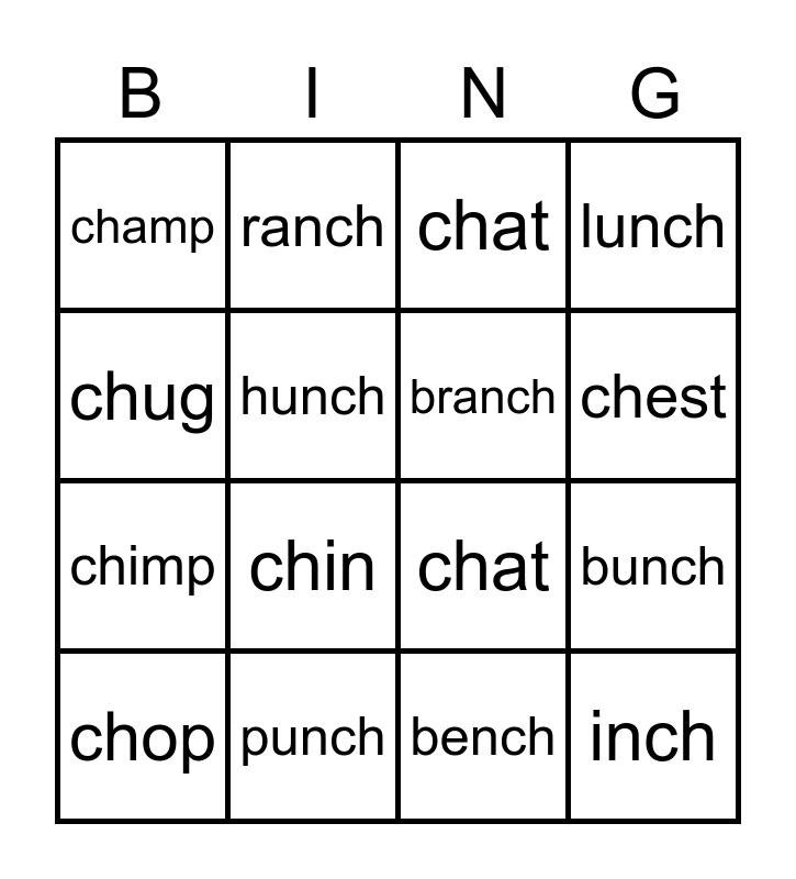 CH WORDS Bingo Card